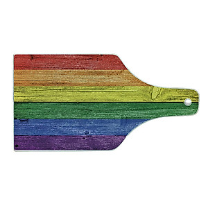 Lunarable Rainbow Cutting Board, Old Tainted Wooden Planks in Rainbow Colors Flag Pattern Pride Theme Vintage Print, Tempered Glass Serving Board, Wine Bottle Shape, Medium Size, Rainbow