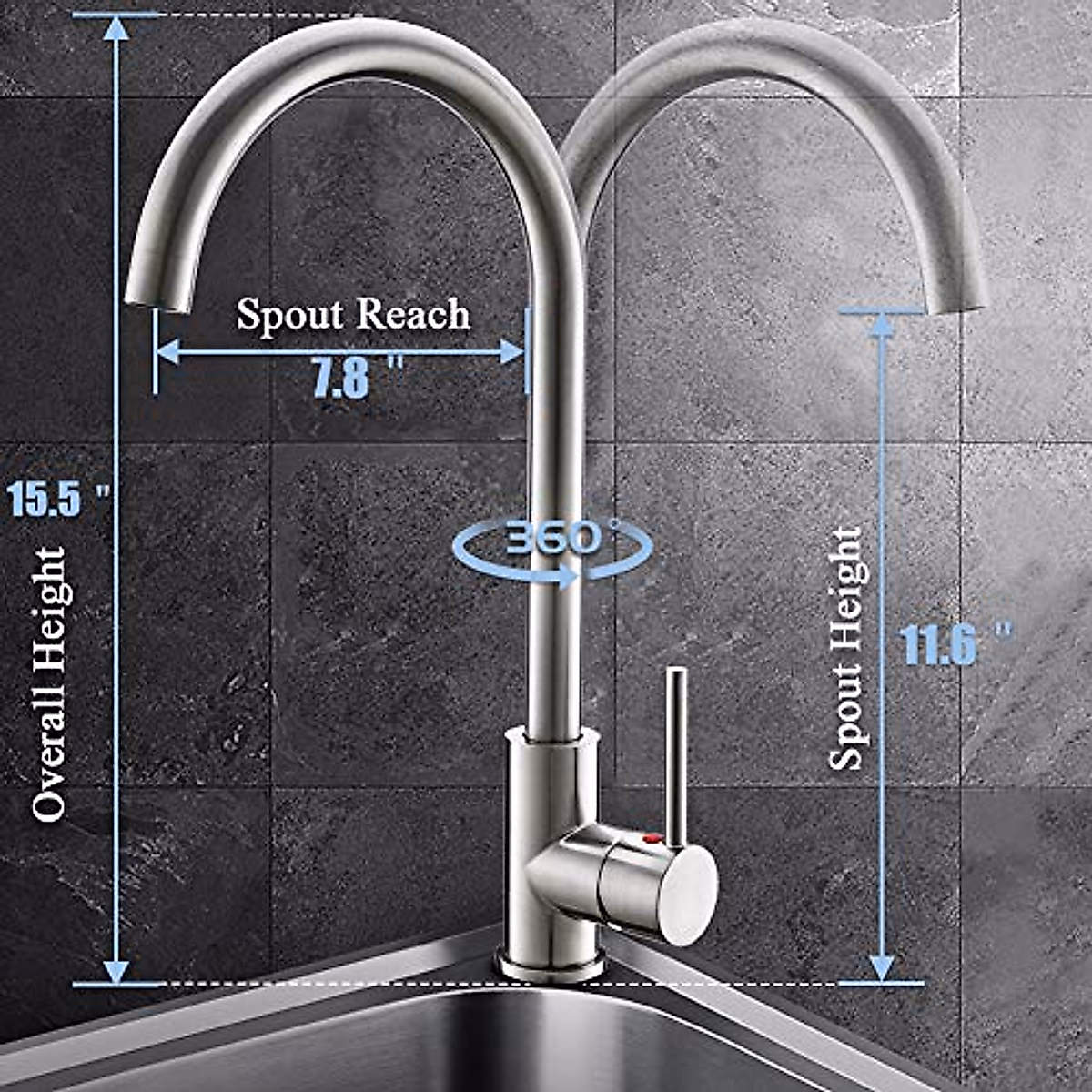High Arch Kitchen Faucet Brushed Nickel,360 Degree Swivel Spout Kitchen Sink Faucet Hot and Cold Water Mixer, Modern Lead-Free Commercial Bar Sink Faucet fit for 1 Hole Single Handle Faucet Anti-Rust