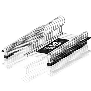 HWAJAN Pants Hangers with Clips 30 Pack Adjustable Skirt Hangers for Women Non-Slip Trousers Hanger for Jeans Clothes Hangers for Pants Heavy Duty Space Saving Shorts Hangers,Black,12Inch