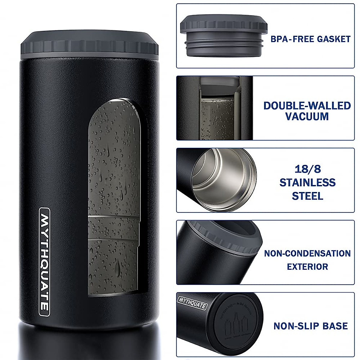 3 in 1 Slim Can Cooler for 12 OZ Skinny Can, Regular Can & Beer Bottle - Keep Cold for 6 Hours - Double Walled Insulated Stainless Steel Vacuum Beverage Can Insulator (Matte Black)