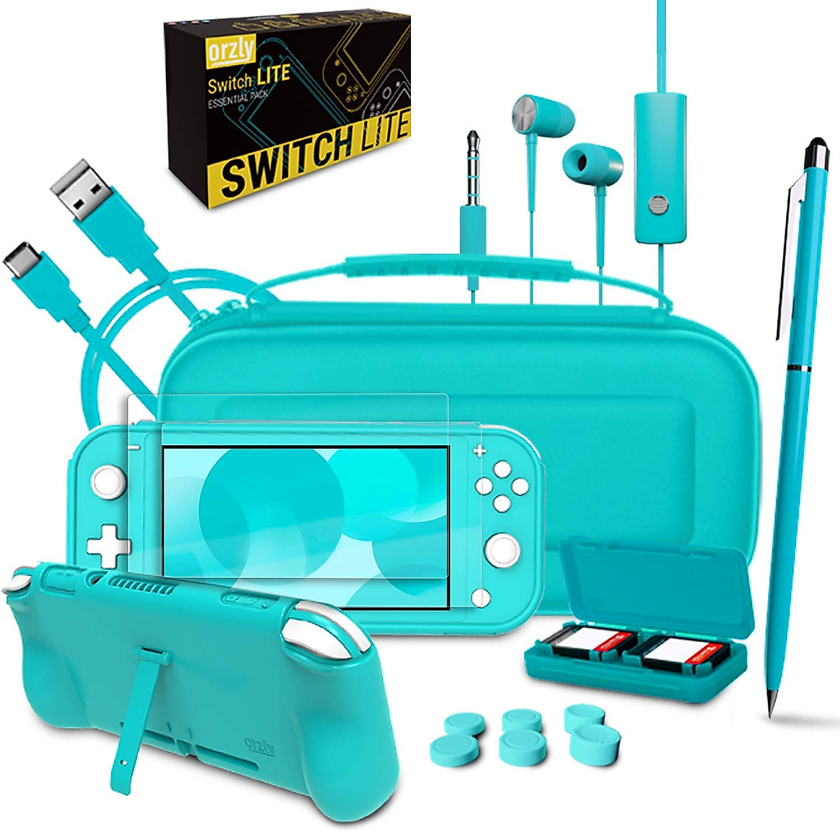 Orzly Switch Lite Accessories Bundle - Case & Screen Protector for Nintendo Switch Lite Console, USB Cable, Games Holder, Grip Case, Headphones, Thumb-Grip Pack & More (Gift Pack - Turquoise Blue)