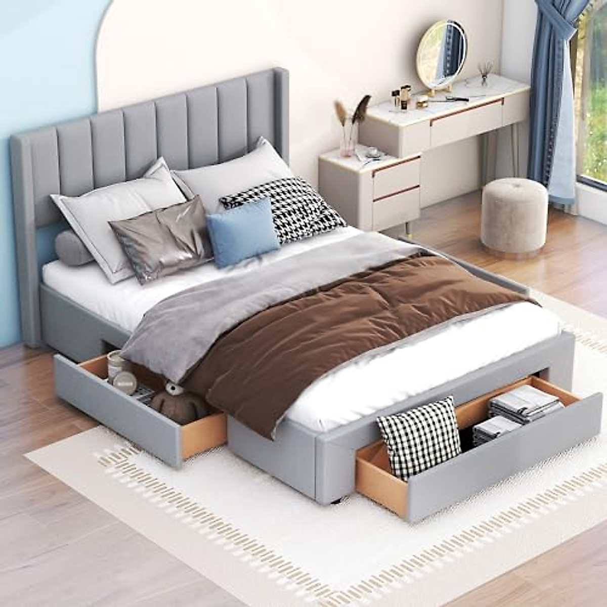 HAUSHECK Queen Upholstered Size with 3 Storage Drawer and Classic Wingback Headboard, Modern Platform Frame w/Wooden Slats Support Mattress Foundation, Bed No Box Spring Needed, Gray