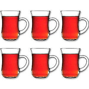 Turkish Tea Glasses With Handle - 6 pcs Tea Cups, Slim Waist Design and Thick Sole Prevent the Tea From Getting Cold, Capacity 145cc, 4 3/4 Oz, 2.5" x 4H"