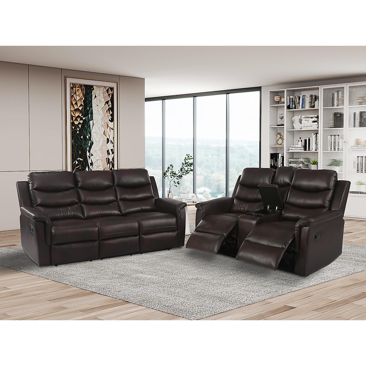 2 Pieces Faxu Leather Recliner Sofa Set, 3 Seater Manual Reclining Sofa & Loveseat with Storage Console & 4 Cup Holders and Footrest, Sectional Couch Home Theater Seating RV Furniture