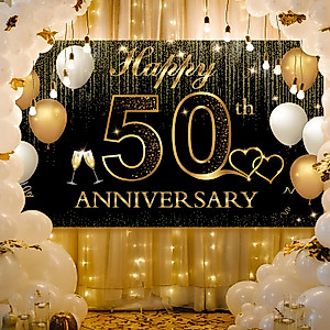 HTDZZI Golden 50th Wedding Anniversary Decorations, Happy 50th Anniversary Banner Backdrop, 50 Year Wedding Anniversary Party Decorations Yard Sign Photo Props Decor Supplies for Outdoor Indoor