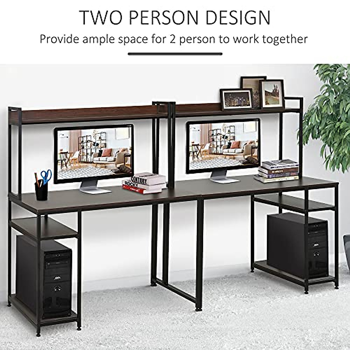 HOMCOM 94.5in Industrial Double Computer Desk with Hutch and Storage Shelves, Extra Long Home Office Writing Table 2 Person Workstation, CPU Stand, Brown Wood Grain