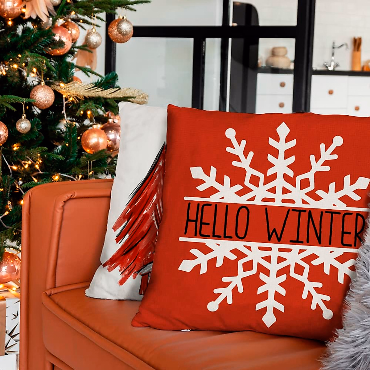 GEEORY Christmas Pillow Covers 18x18 Set of 4 for Xmas Decorations Buffalo Plaid Check Christmas Tree Joy Snow Pillow Cases Winter Holiday Throw Pillows Farmhouse Decor for Couch