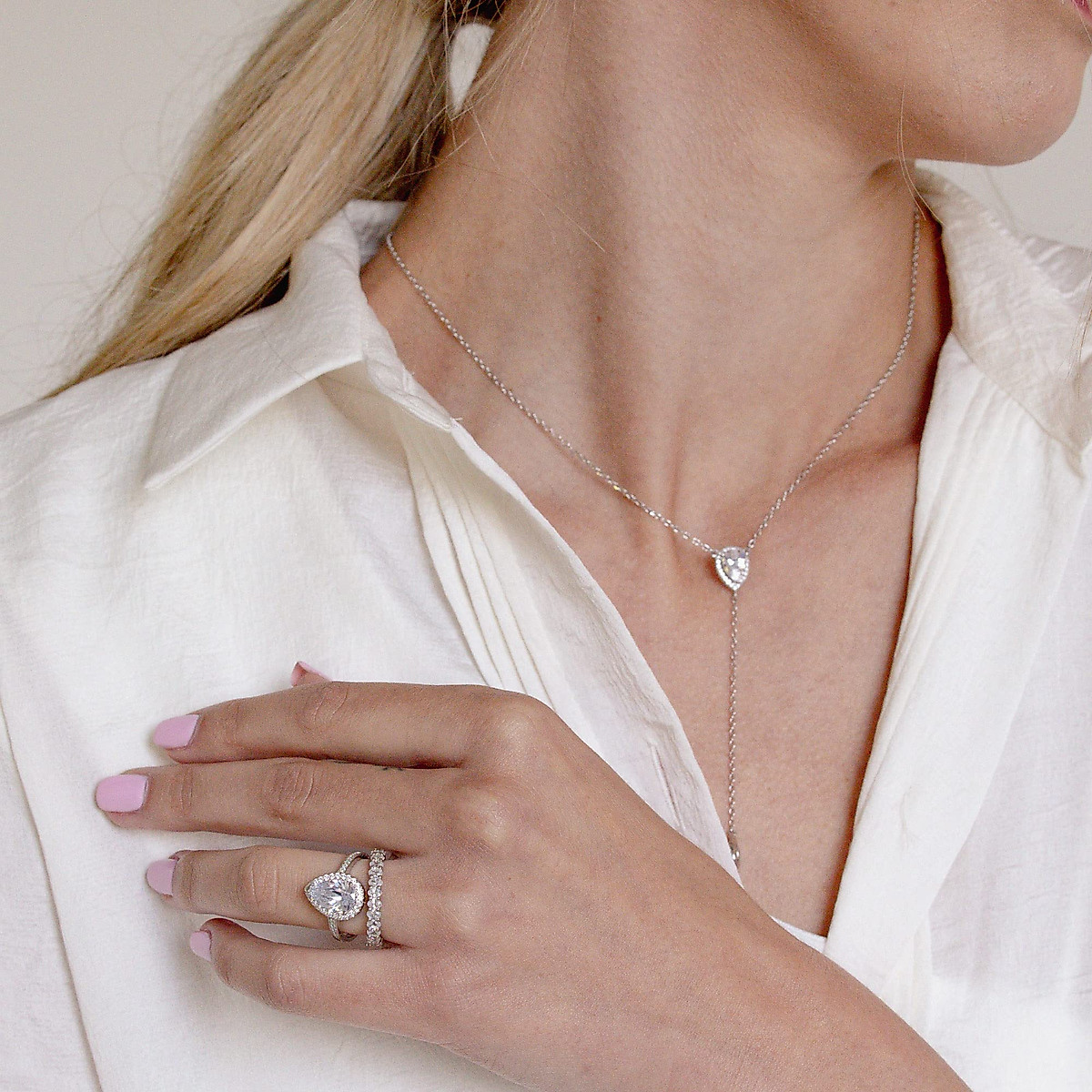 espere Sterling Silver Engagement Ring - [Cubic Zirconia] .925 Platinum Plated - Teardrop/Waterdrop/Pear Shaped Solitaire CZ [Size 7]