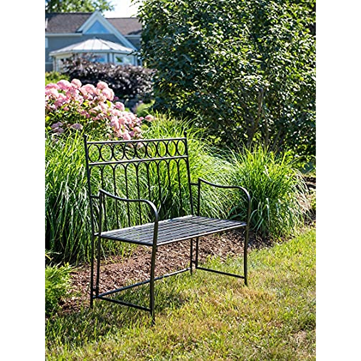 Gardener's Supply Company Oxford Folding Garden Bench | Sturdy Metal Frame Outdoor Portable Bench with Side Armrest for Patio, Lawn, Yard & Flower Gardens | Fits 2-Person (17.5" W x 40.5" L x 41" H)