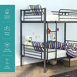 Bunk Beds Frame Twin Over Twin, Heavy Duty Twin Size Metal Bunk Bed Frame with Guardrail & Ladders , Space-Saving, Noise Free, No Box Spring Needed (Black) 2685