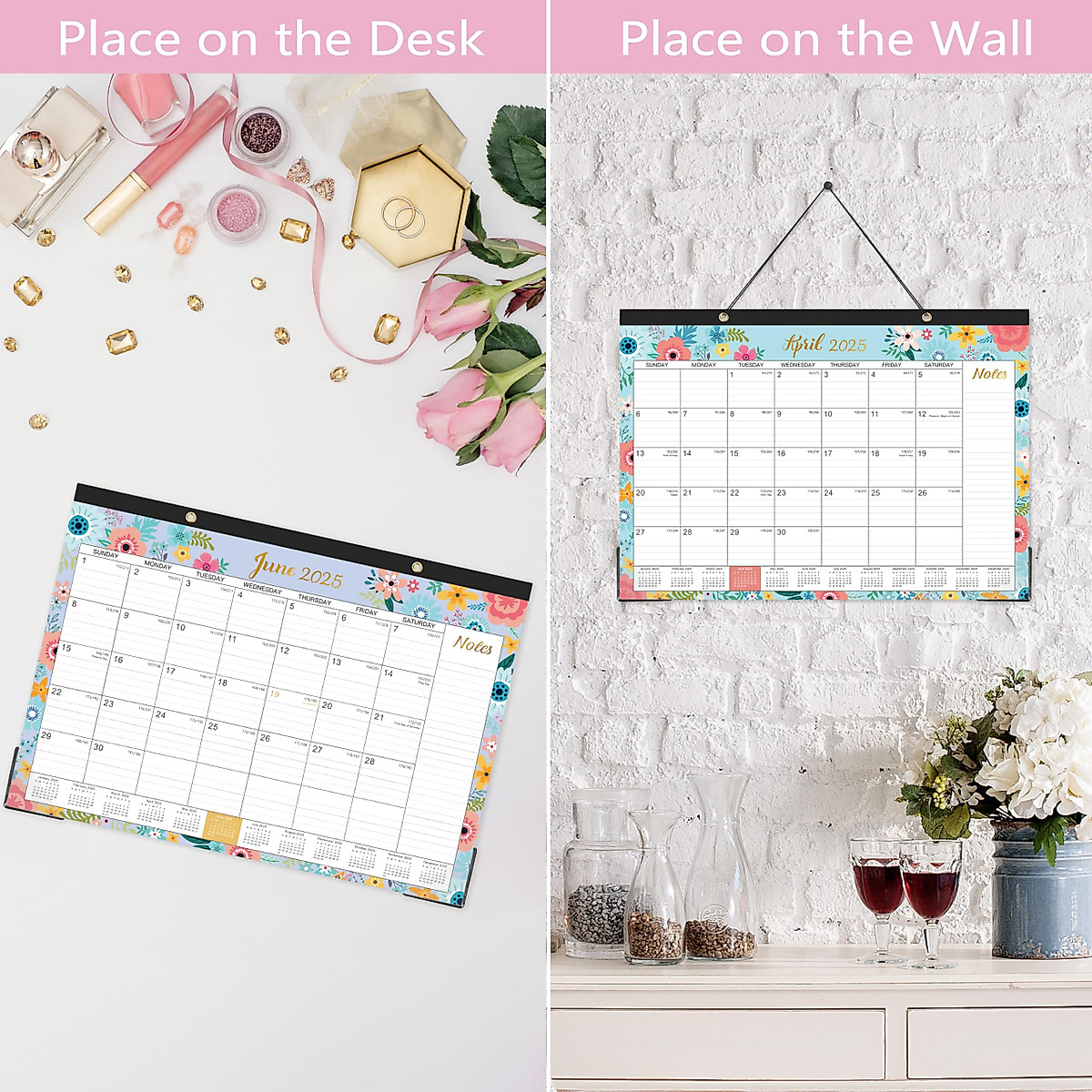 2024-2025 Desk Calendar - Desk Calendar 2024-2025, 18-Month Desk/Wall Calendar, Jul. 2024 - Dec. 2025, 16.8" x 12", Desk Calendar with Corner Protectors, Ruled Blocks - Black Floral