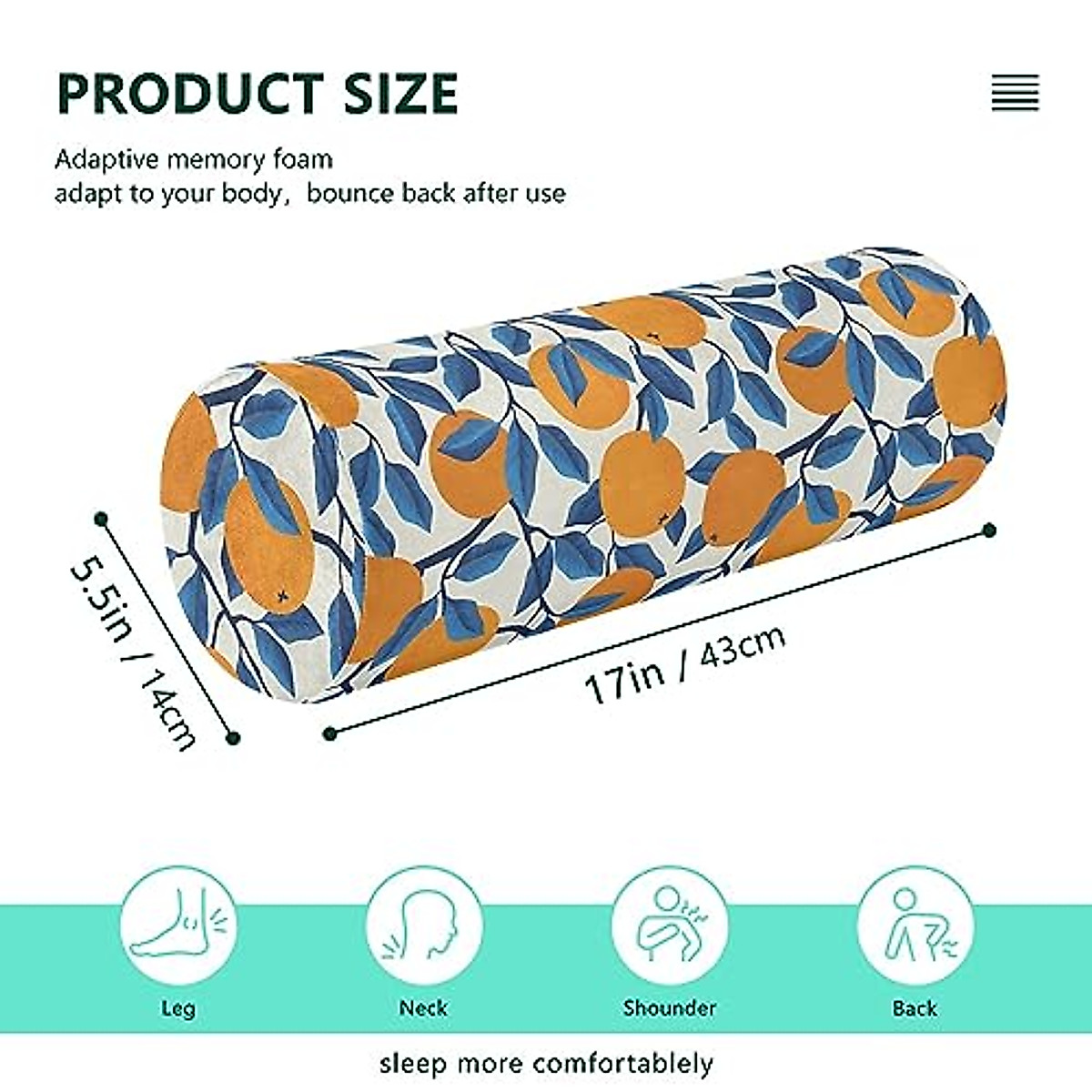 Vnurnrn Blue Leaves Oranges Neck Support Pillow Round Neck Roll Bolster Cylinder Pillow Cervical Pillows Round Neck Pillow for Leg Knee Back Head Support for Camp Work Women Men Traveling