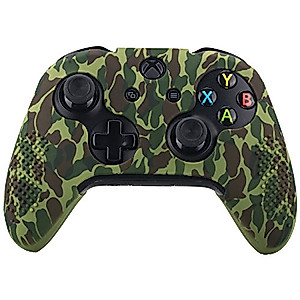 9CDeer Studded Protective Customize Transfer Printing Silicone Cover Skin Sleeve Case + 8 Thumb Grips Analog Caps for Xbox One/S/X Controller Dark Green Compatible with Official Stereo Headset