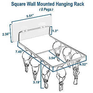 2 Pack Sock Hangers with Clips, Stainless Steel Underwear Hanger for Drying No Drilling Self-Adhesive Wall Hooks for Hanging Hats Baby Clothes Diapers Bras Towels Ties Gloves (Rectangle-8 Peg)