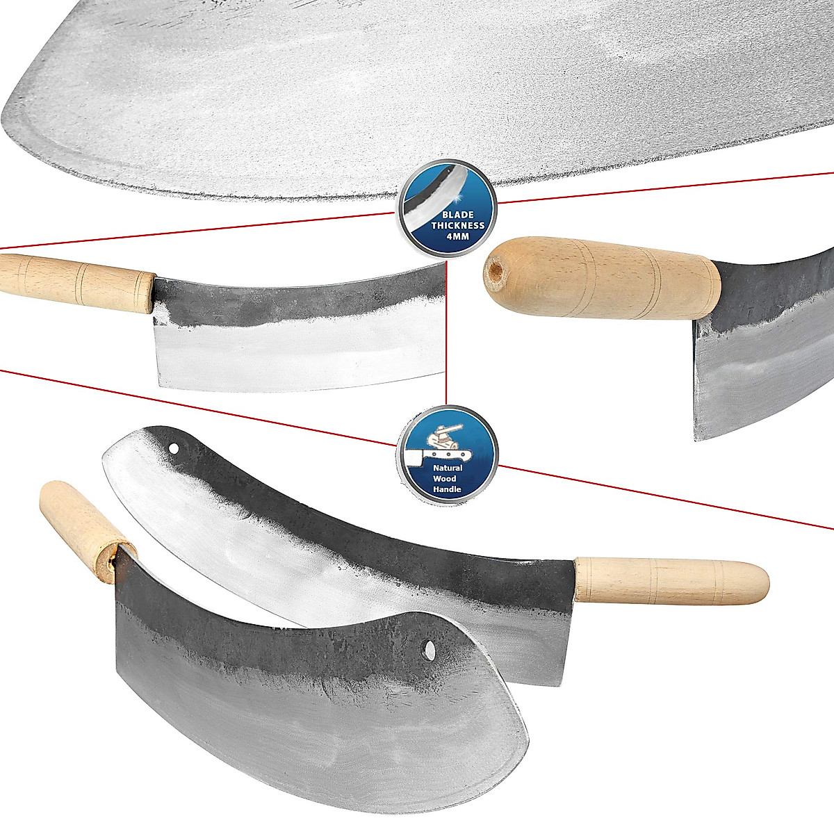 EROL Carbon Steel (15.7 in/40 cm) Mincing Knife Handmade Forged Gourmet Professional Chef Butcher Chopping Handled Curved Kebab Meat Mezzaluna Herb Big Blade Kitchen Cleaver