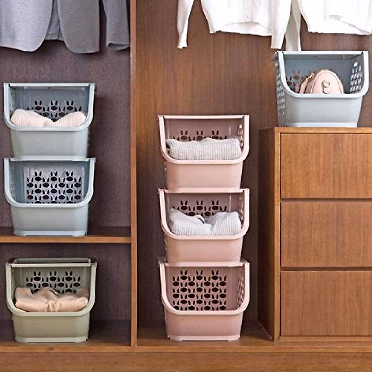 QsunQ 3-Set Stackable Storage Bins with Lids for Kitchen,Bathrooms,Bedrooms,Closets, Cabinets. Household Plastic Organization Baskets for Pantry. Storage Organizer Bin Basket (12x11x10inch) Blue