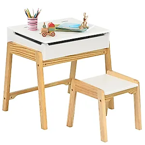 Costzon Kids Table and Chair Set, Wooden Lift-top Desk & Chair w/Storage Space, Safety Hinge, Gift for Toddler Drawing, Reading, Writing, Homeschooling, Children Activity Table & Chair (White)