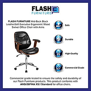 Flash Furniture Tansia Mid-Back Black LeatherSoft Executive Ergonomic Wood Swivel Office Chair with Arms