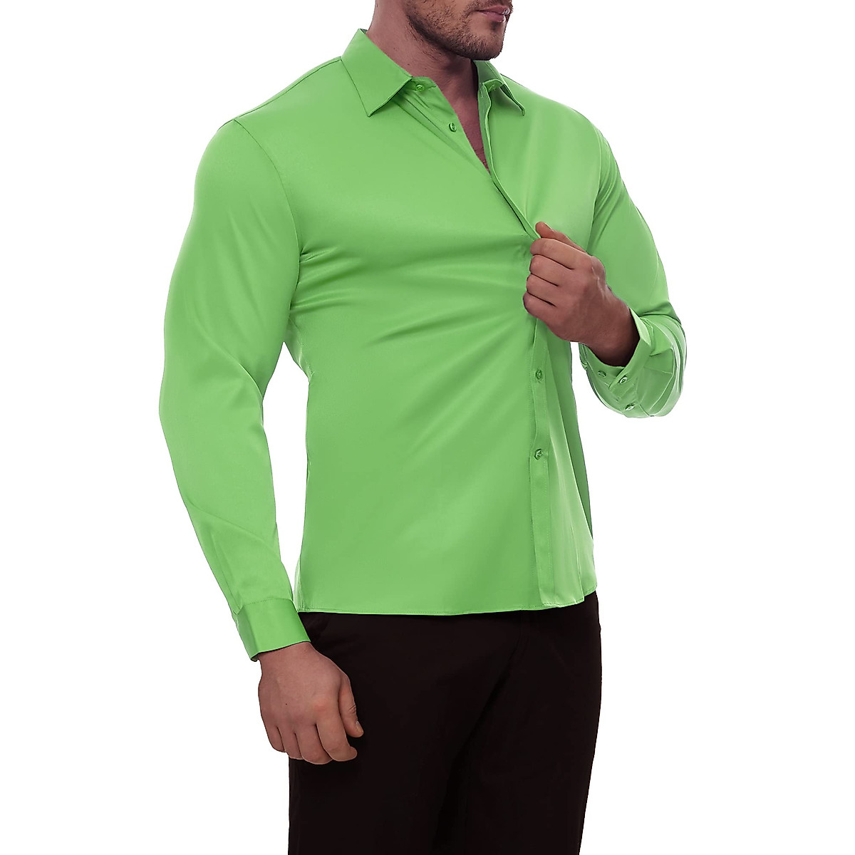 Alimens & Gentle Men's Bright Green Slim Fit Dress Shirts Solid Muscle Fit Wrinkle-Free Casual Button Down Shirt