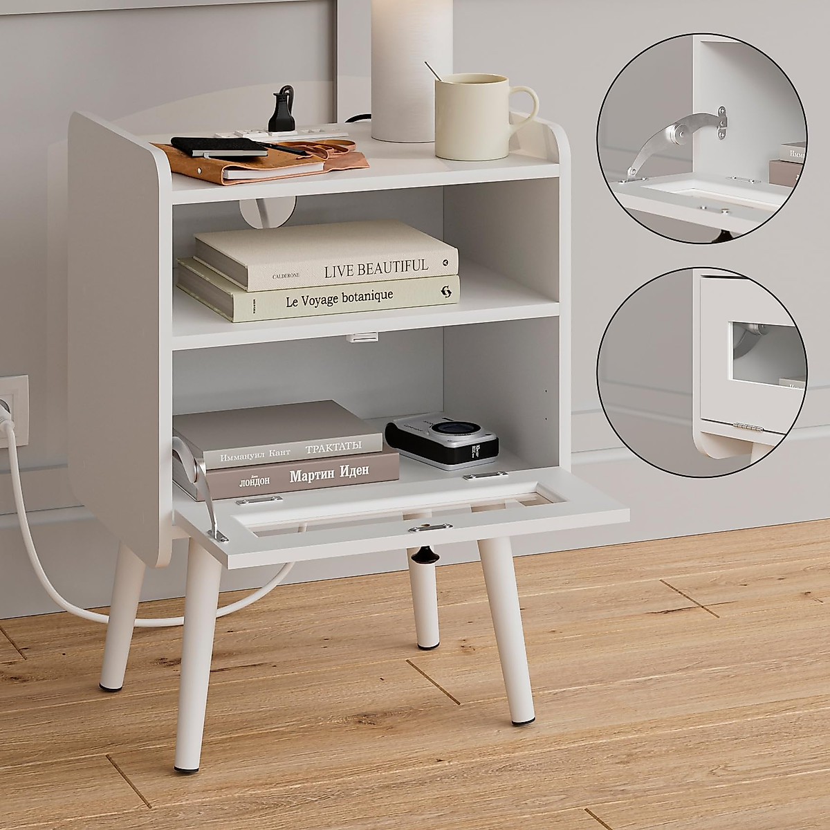 Masupu Nightstand with Charging Station,Mid-Century Modern Bedside Table with Storage Drawer and Open Wood Shelf,Small End Side Table with Glass Decorative Door for Bedroom,Living Room,White