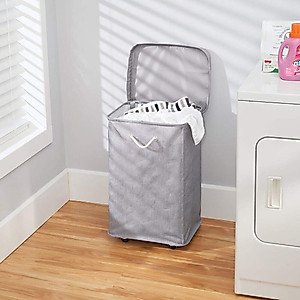 mDesign Large Polyester Rolling Laundry Hamper with Wheels, Removable Lid, and Rope Carrying Handles - Collapsible Hampers with Wheels for Compact Storage - Tall Single Compartment Basket - Gray