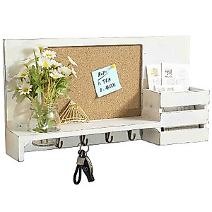 MyGift Entryway Wall Organizer Vintage White Wood Entryway Rack Mail Sorter with Corkboard, 4 Brass Metal Hooks & Glass Vase