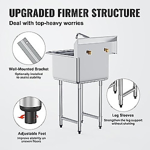 VEVOR Stainless Steel Prep & Utility Sink, 1 Compartment Free Standing Small Sink Include Faucet & legs, 21"x41" Commercial Single Bowl Sinks for Garage, Restaurant, Kitchen, Laundry, NSF Certified