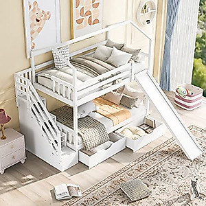ERDAYE Soild Wood Twin Over Twin House Bunk Bed Frame with Two Drawers, Slide and Storage Staircase,White