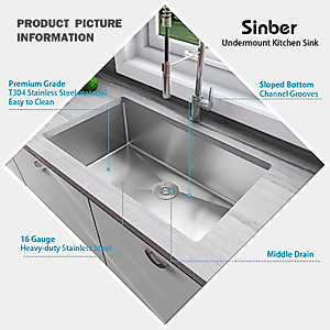 Sinber 32" x 19" x 10" Undermount Single Bowl Kitchen Sink with 16 Gauge 304 Stainless Steel Satin Finish HU3219S-16G (Sink Only)