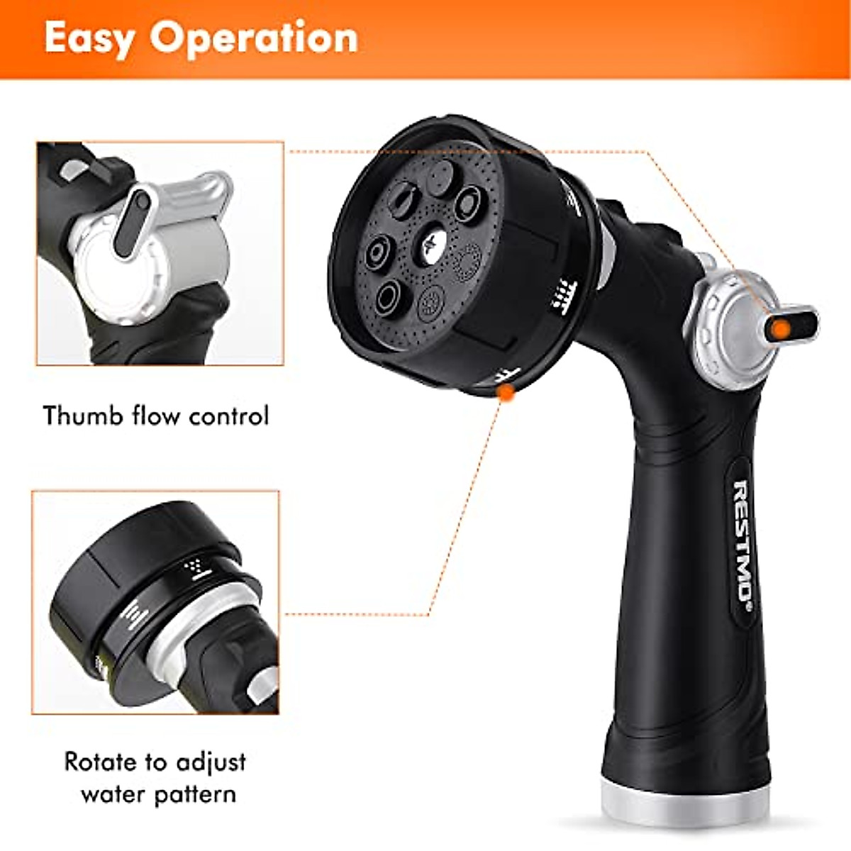 RESTMO Metal Hose Nozzle, Heavy Duty Garden Hose Nozzle Sprayer, Thumb Flow Control | High Pressure | 7 Spray Patterns, Ideal to Water Plants & Lawns, Wash Cars & Pets