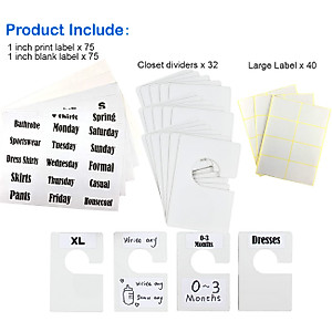 TraGoods 20 Pack White Clothing Rack Size Dividers Plus 90 Labels (1 Inch) and 20 Large Blank Labels, Large Rectangular Clothing Closet Dividers (Pearl White)