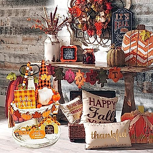 12 PCS Fall Tiered Tray Decor, Gnomes Plush with Hello Fall Decor Wooden Signs,Beads Garland,Pumpkin Decor,Farmhouse Thanksgiving Autumn Decor for Home Table(Tray Not Included)