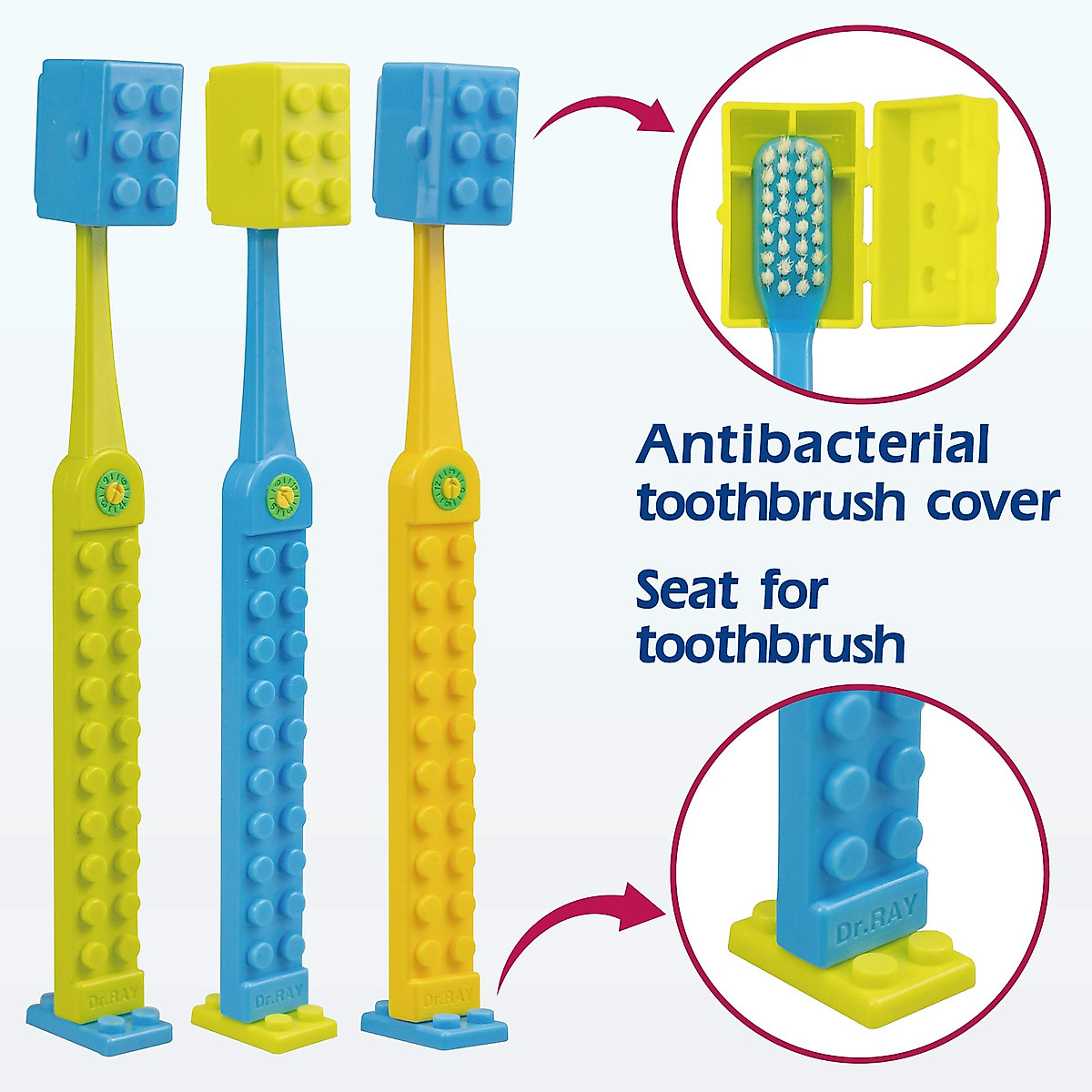 Dr.RAY Kids Toothbrush with Building Blocks and Toothbrush Covers, Extra Soft, Ages 6+ (Pack of 3, Multi-Colored)