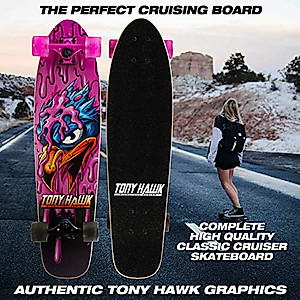 Tony Hawk 31" Complete Cruiser Skateboard, 9-ply Maple Deck Skateboard for Cruising, Carving, Tricks and Downhill, Pink Hawk