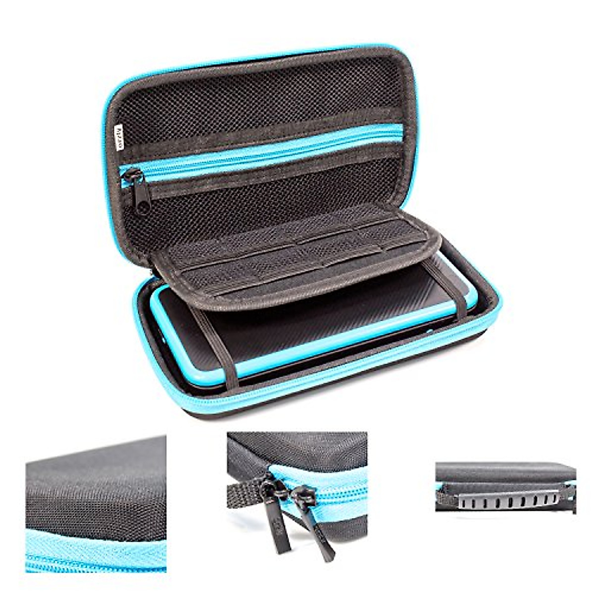 2DS XL Case, Orzly Carry Case for New Nintendo 2DS XL - Protective Hard Shell Portable Travel Case Pouch for New 2DS XL Console with Slots for Games & Zip Pocket - Blue on Black