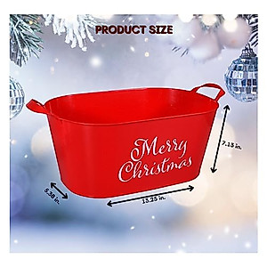 Ja'Cor Red Oval Bucket with Handle Sentiment Plastic Buckets Handles Gifts Gift Baskets Storage Organizer Containers Party Favor Xmas Holiday Decorations with 1-Collapsible Cup(Merry Christmas)