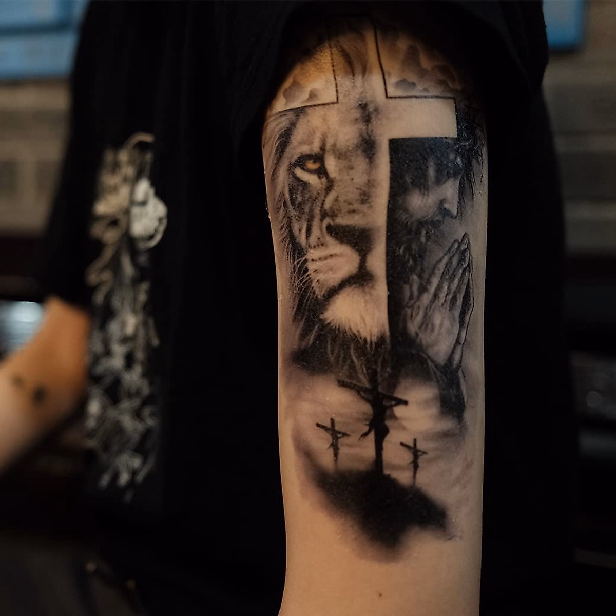 Oottati 2 Sheets Realistic Animal Temporary Tattoos Stickers Forest Lion Jesus Cross Old School Designs For Men Waterproof Arm Leg Fake Body Art, Gym & Parties Bold Masculine Decals