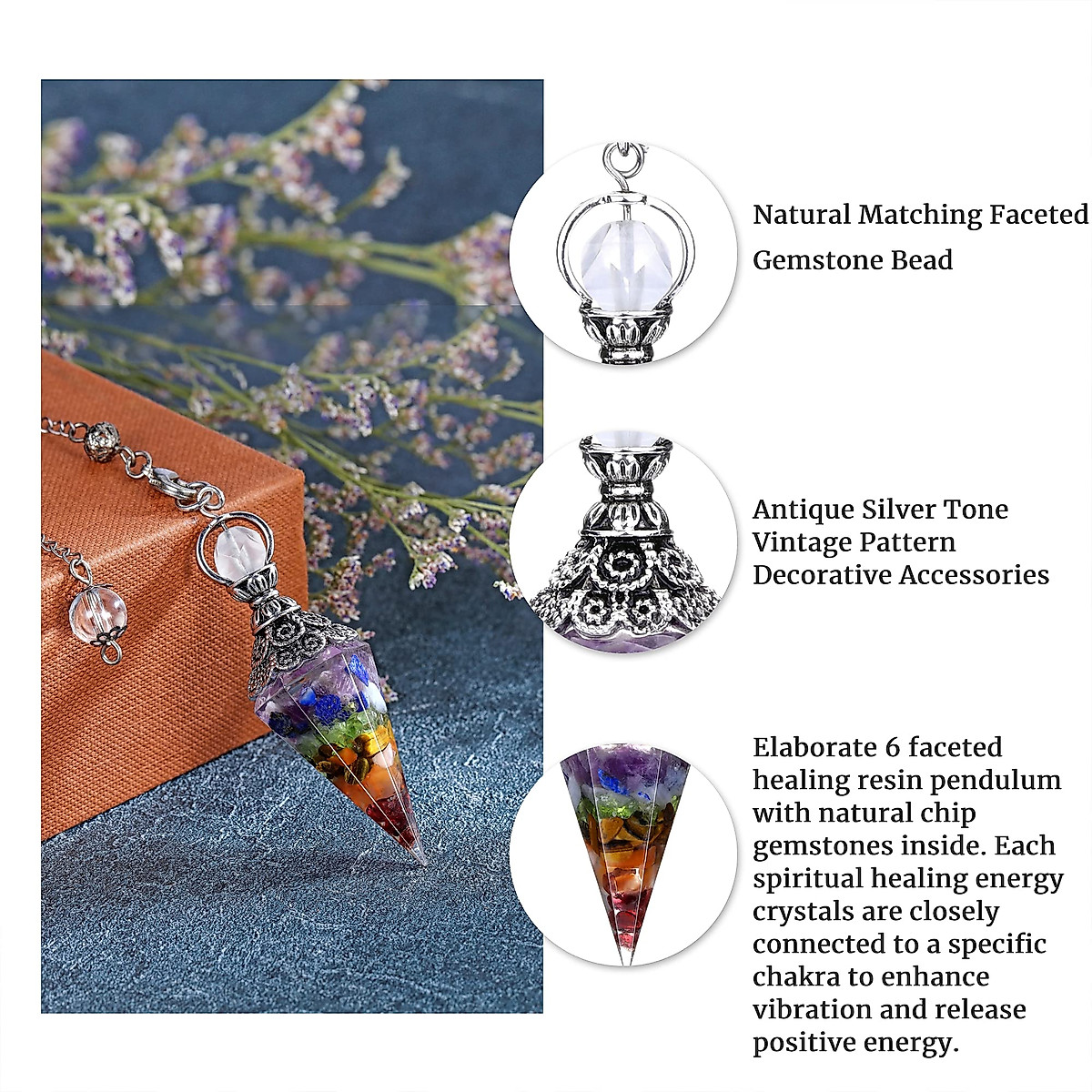 GEHECRST Natural 7 Chakra Healing Crystal Dowsing Pendulum Reiki Gemstone Chips Orgone Pendulum 6 Faceted Hexagonal Pointed Cone Resin Spiritual Pendant for Divination, Wicca, Energy Balancing