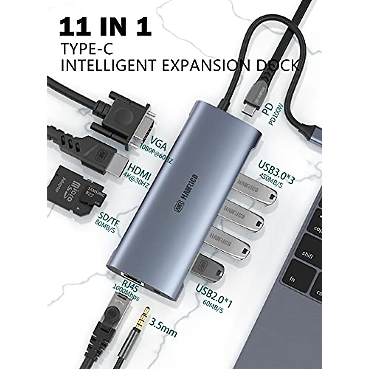 USB C Hub, HANRICO USB-C Laptop Docking Station 11 in 1 Compatible for MacBook Pro/Air, Ipad, MateBook, PC, Flash Drive, Mobile HDD, Phone and More TypeC Devices(USB,PD,HDMI,RJ45,SD,TF,VGA,3.5mm)