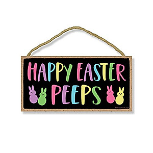 Honey Dew Gifts, Happy Easter Peeps, 10 inch by 5 inch, Made In USA, Wooden Signs, Signs For Wreath, Bunny Door Sign, Spring Easter Decorative Wood Sign, Rabbit Themed Decor, Easter Decorations