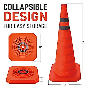 Cartman 4 Pack 28 Inch Collapsible Traffic Cones with LED Light, Multi Purpose Pop up Reflective Safety Cones, Pack of 4, Battery Included