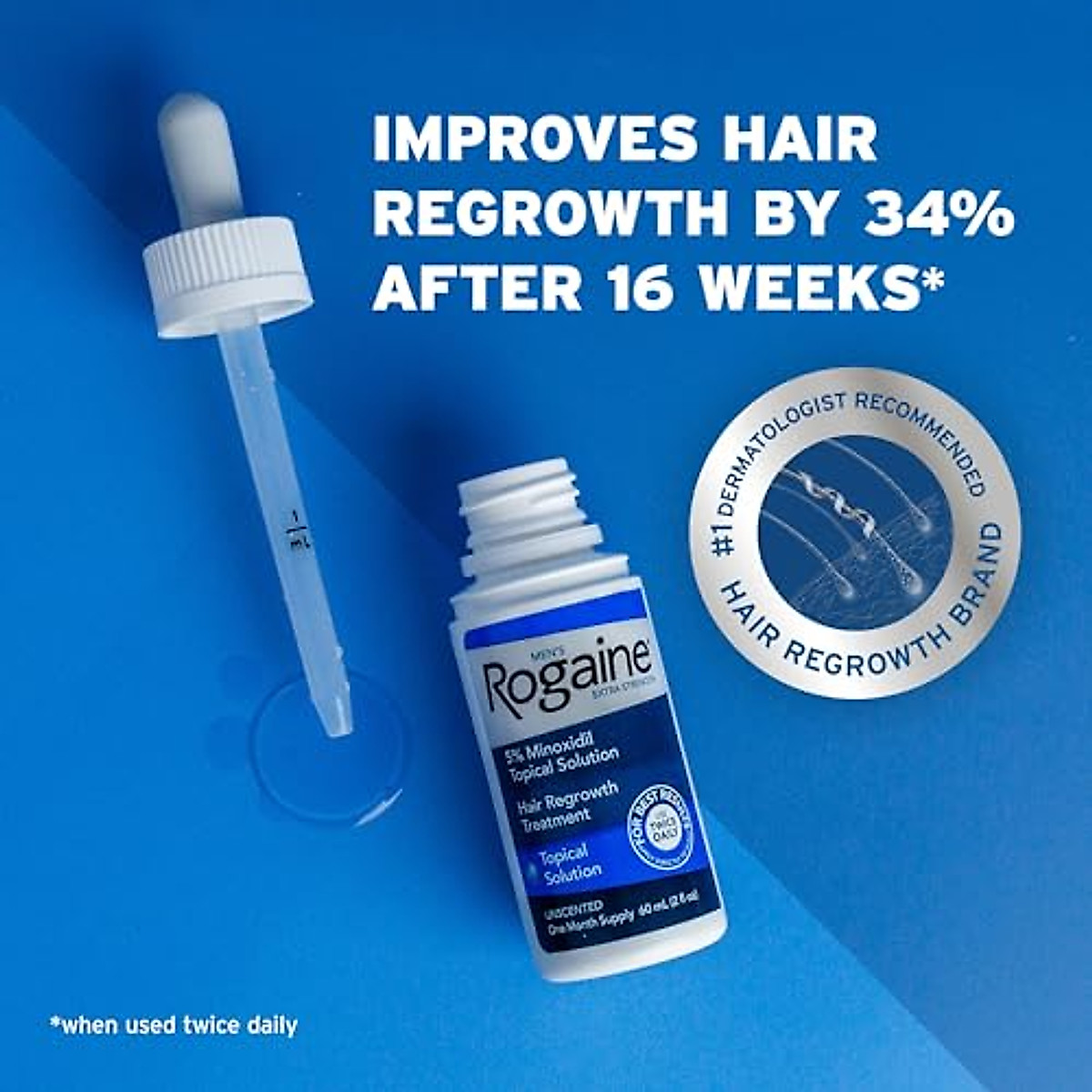 Rogaine Men's Extra Strength 5% Minoxidil Topical Solution for Thin Hair, Hair Loss Treatment to Regrow Fuller, Thicker Hair, 3-Month Supply, 3 x 2 fl. oz