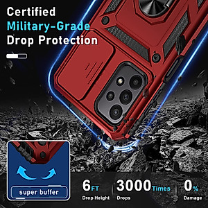 Janmitta Compatible with Galaxy A23 5G/4G Case Built in Slide Camera Lens Cover+Screen Protector,Heavy Duty Shockproof Full Body Cover,Built in Finger Ring Stable Holder Kickstand,2022 Red