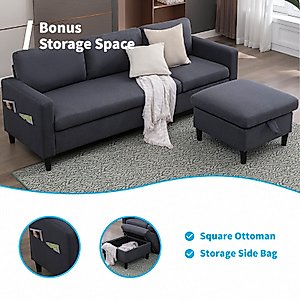 Mjkone 86" L-Shape Sectional Sofa Couch, Linen Convertible Sofa Chaise with Reversible Storage Ottoman, Large Modular Sofa with 2 Side Pockets for Living Room Apartment Studio - Dark Gray