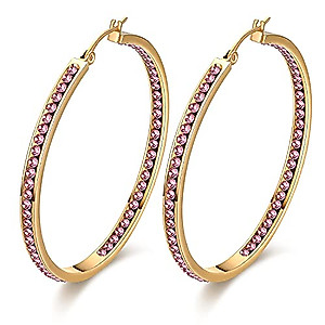 weinuo 2 Inch Stunning Gold Plated Stainless Steel Pink Cubic Zirconia Hoop Earring for Women Hypoallergenic Jewelry for Sensitive Ears Large Big Hoop Earrings 50MM