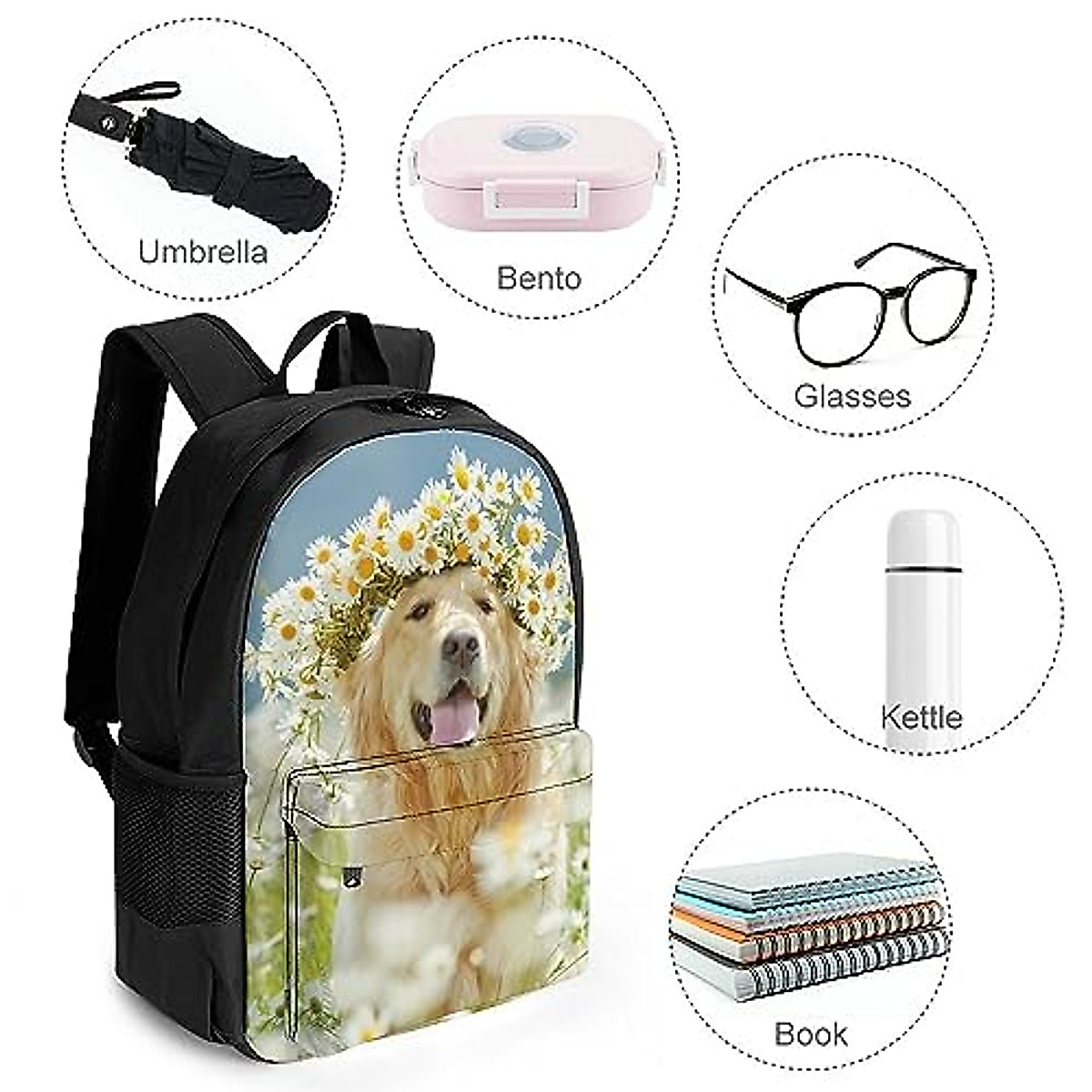Golden Retriever Dog Lovely Wreath Laptop Backpack for Men Women Shoulder Bag Business Work Bag Travel Casual Daypacks