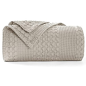PHF 100% Cotton Waffle Weave Throw Blanket - Washed Soft Lightweight Blanket for All Season - Breathable and Skin-Friendly Blanket for Couch Bed Sofa 50"x60"- Light Khaki/Linen