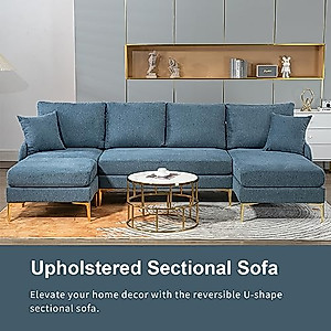 Sudwesto Reversible Sectional Sofa, U-Shape Convertible Sofa Couch, 4-Seat Upholstered Couch with Chaise, Furniture Sets Sectional Couch with Ottoman for Living Room, Apartment, Office (Blue)