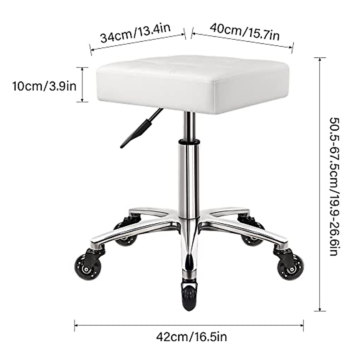WKWKER Heavy Duty Rolling Stool with Wheels Hydraulic Swivel Adjustable Rolling Stool Ergonomic Thick Leather Rectangle Seat Stool Chair for Kitchen Drafting Lab Office Salon Message Stool – White