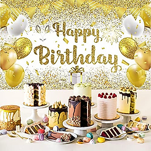 Gold White Birthday Party Decorations Banner, Gold and White Happy Birthday Backdrop Banner, Large Gold White Birthday Banner Photography Background Party Decoration for Women Men Girls 70.8x43.3Inch